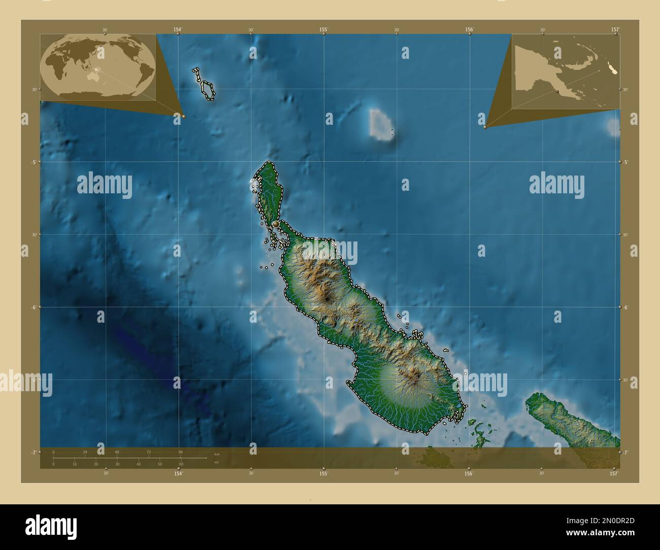 Bougainville, autonomous region of Papua New Guinea. Colored elevation ...