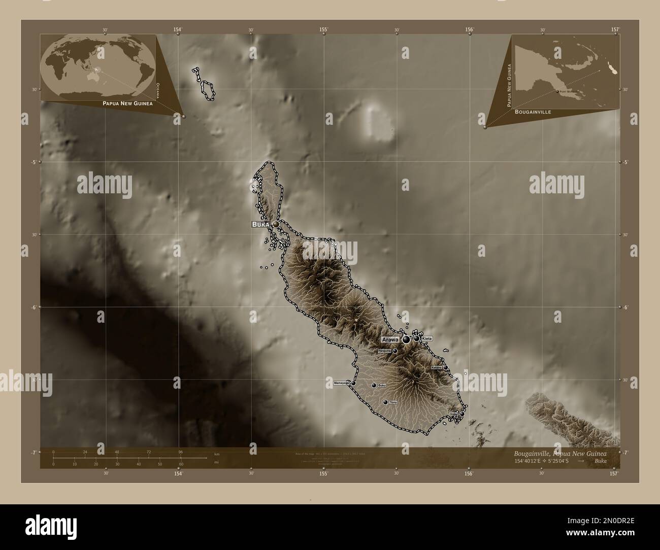 Bougainville, autonomous region of Papua New Guinea. Elevation map ...