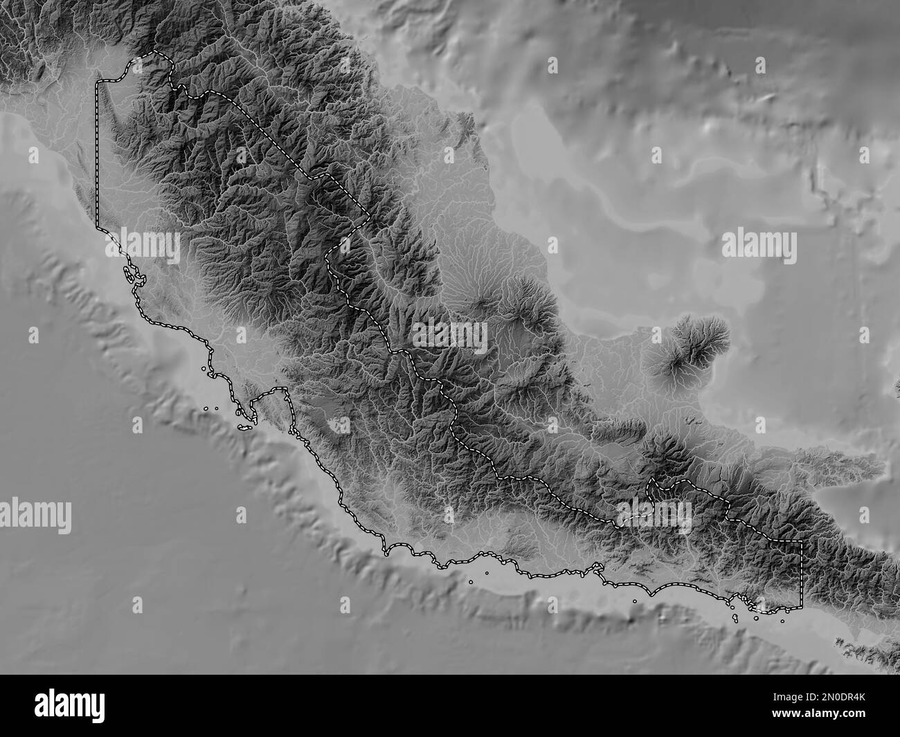 Central Province, province of Papua New Guinea. Grayscale elevation map ...