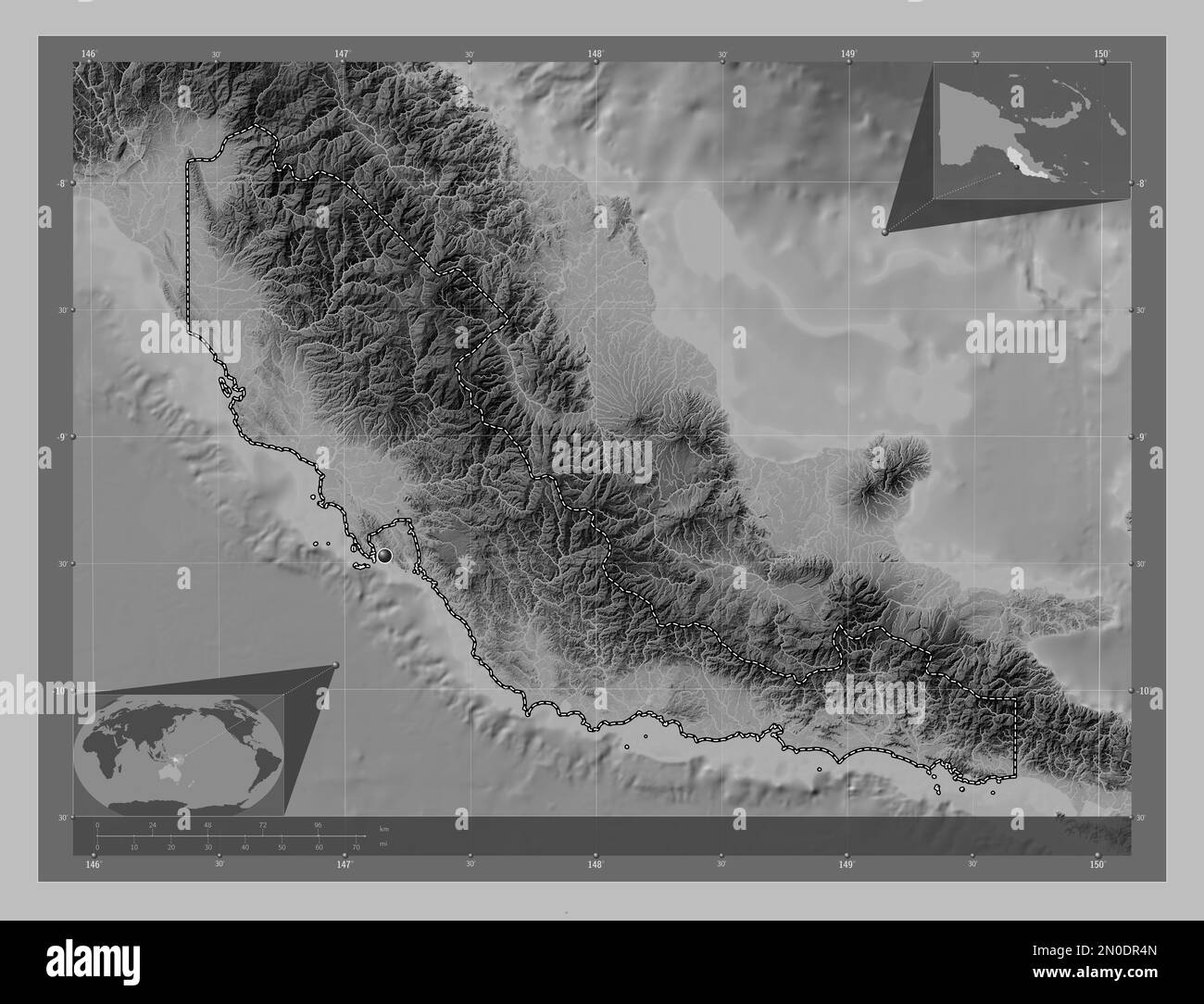 Central Province, province of Papua New Guinea. Grayscale elevation map ...