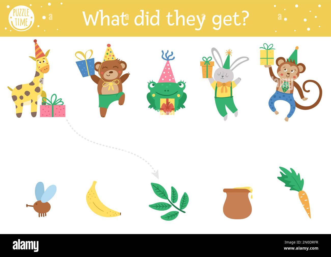 Birthday matching activity for children. Fun puzzle with cute animals ...