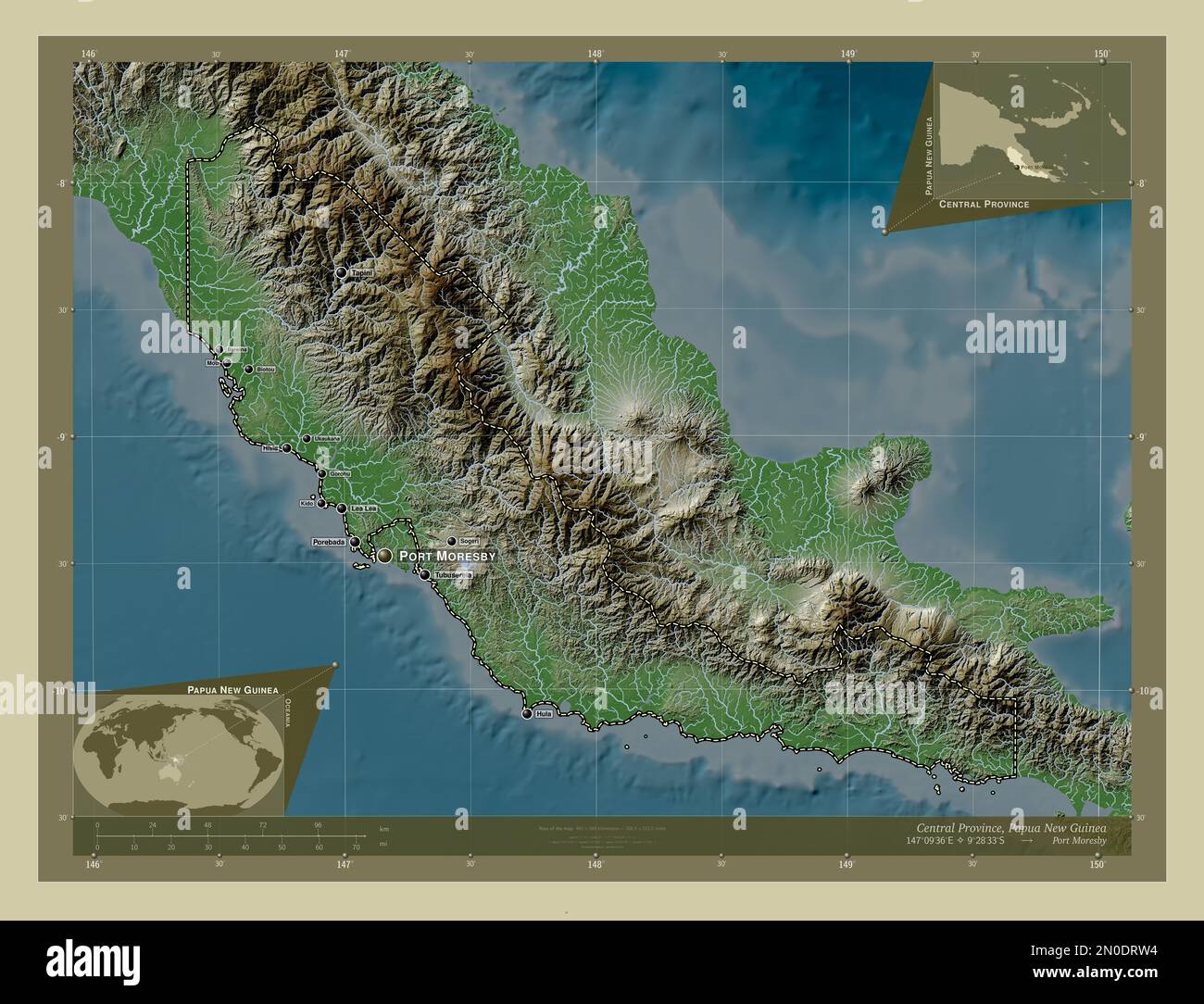 Central Province, province of Papua New Guinea. Elevation map colored ...