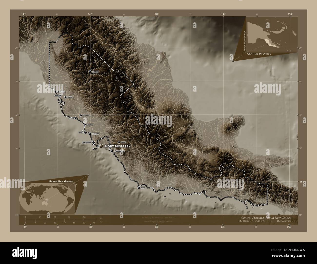 Central Province, province of Papua New Guinea. Elevation map colored ...