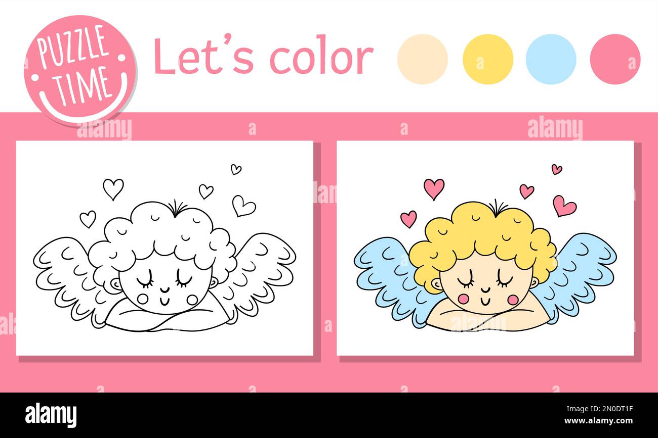 Saint Valentine Day coloring page for children. Funny dreaming cupid ...