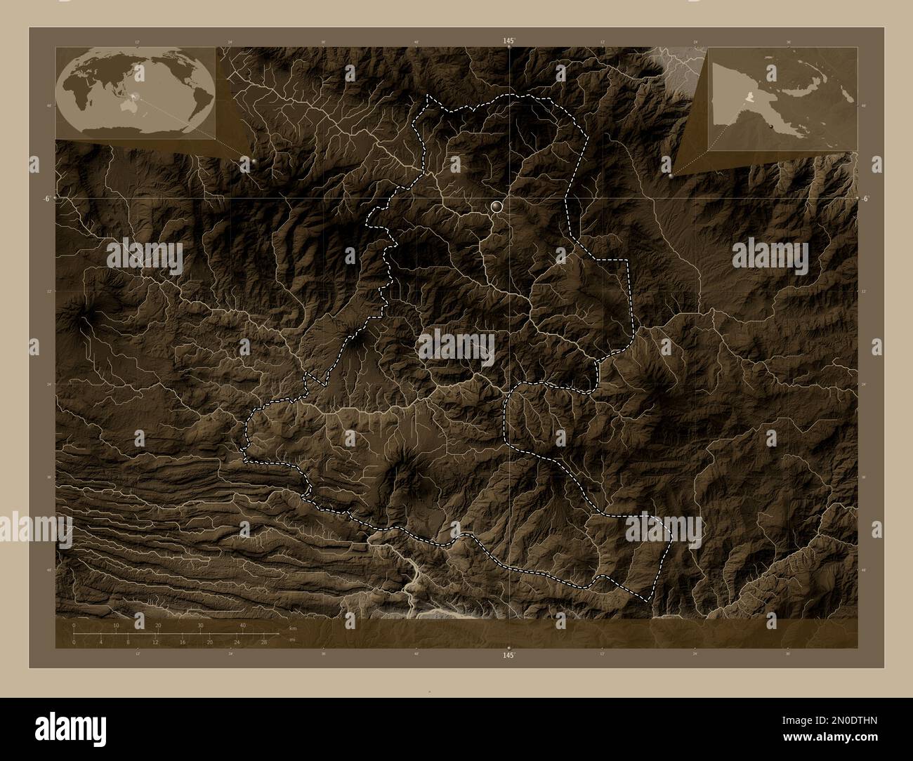 Chimbu, province of Papua New Guinea. Elevation map colored in sepia ...