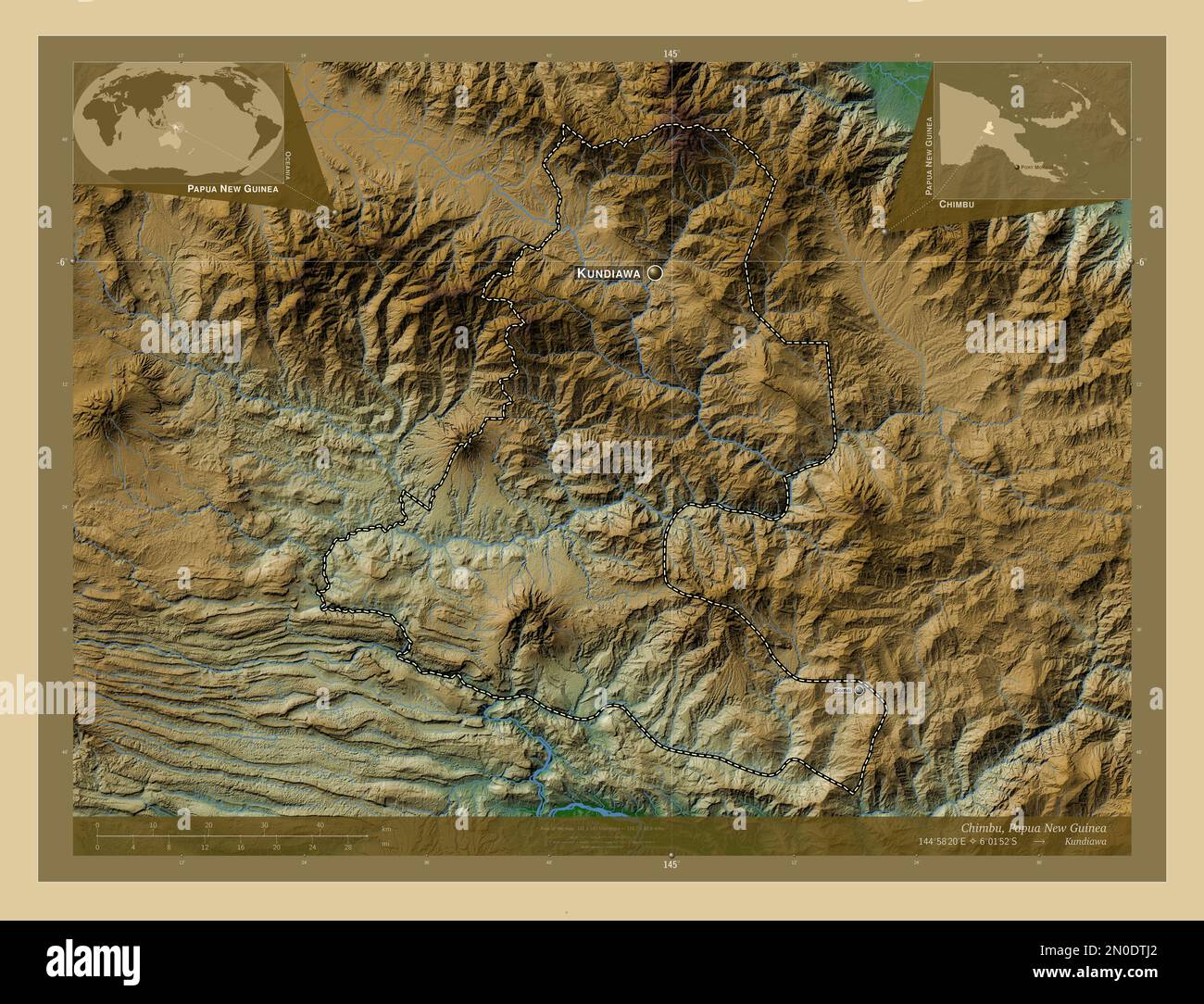 Chimbu, province of Papua New Guinea. Colored elevation map with lakes ...
