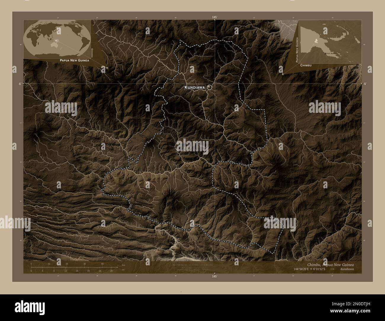 Chimbu, province of Papua New Guinea. Elevation map colored in sepia ...