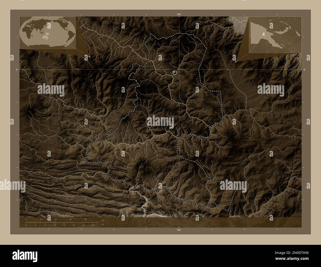 Chimbu, province of Papua New Guinea. Elevation map colored in sepia ...