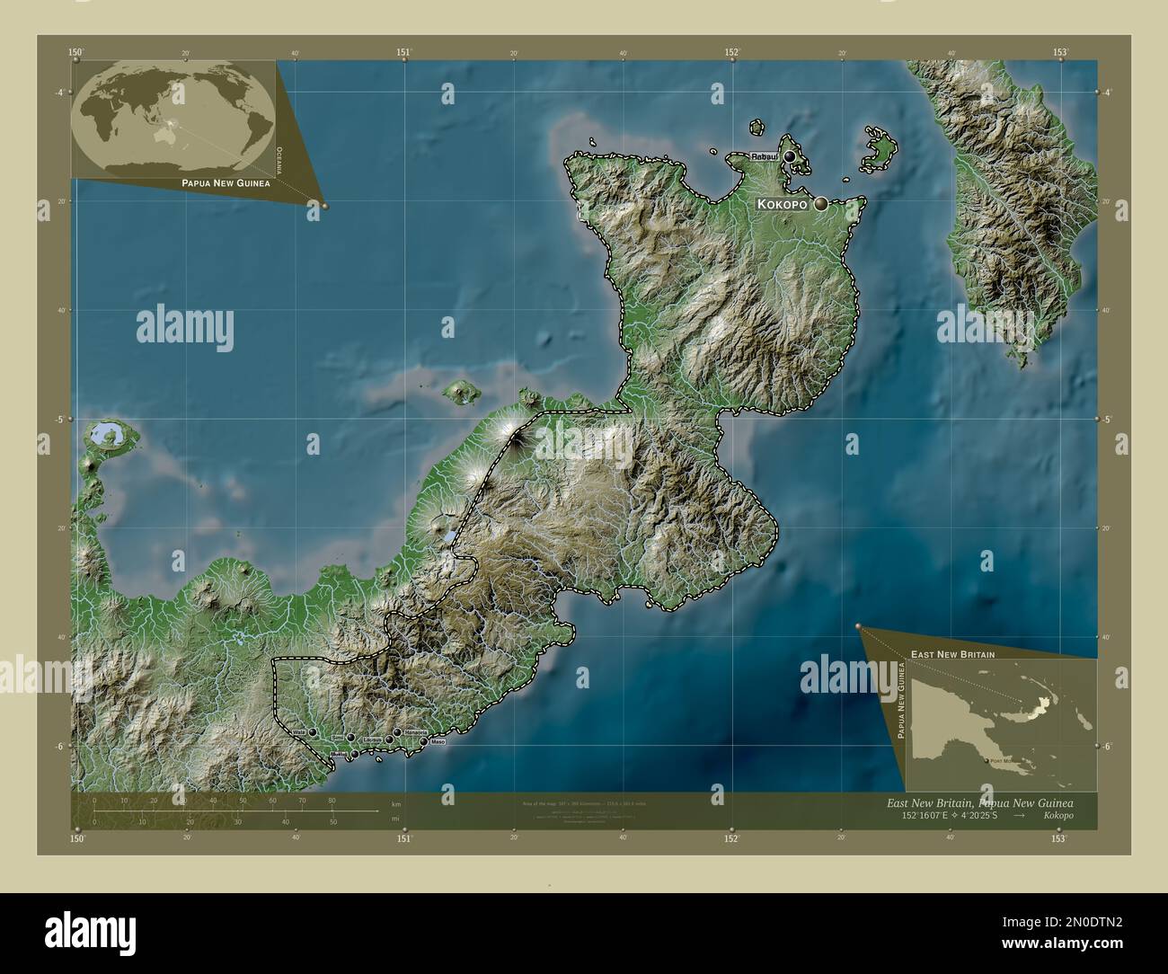 East New Britain, province of Papua New Guinea. Elevation map colored ...