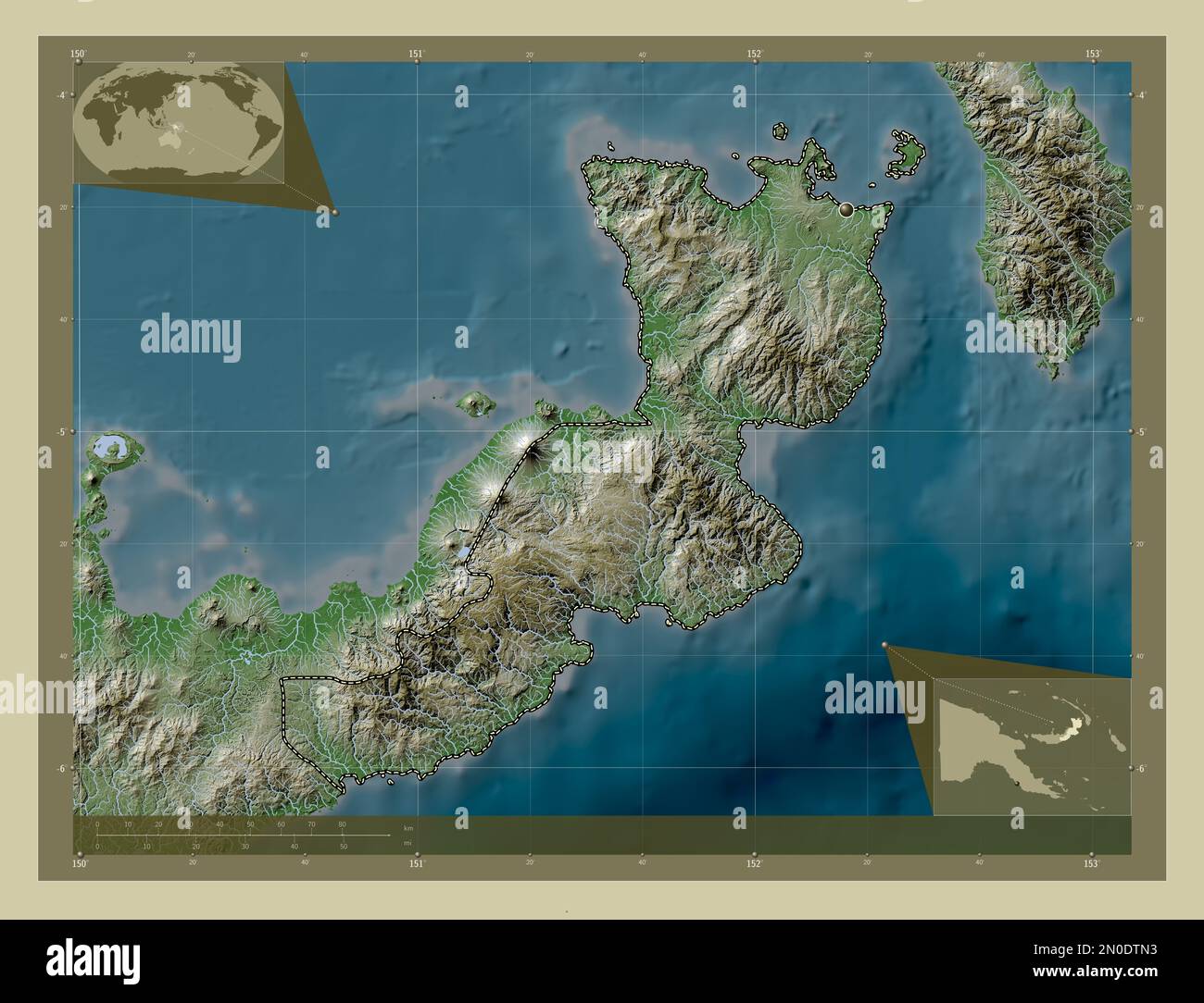 East New Britain, province of Papua New Guinea. Elevation map colored ...