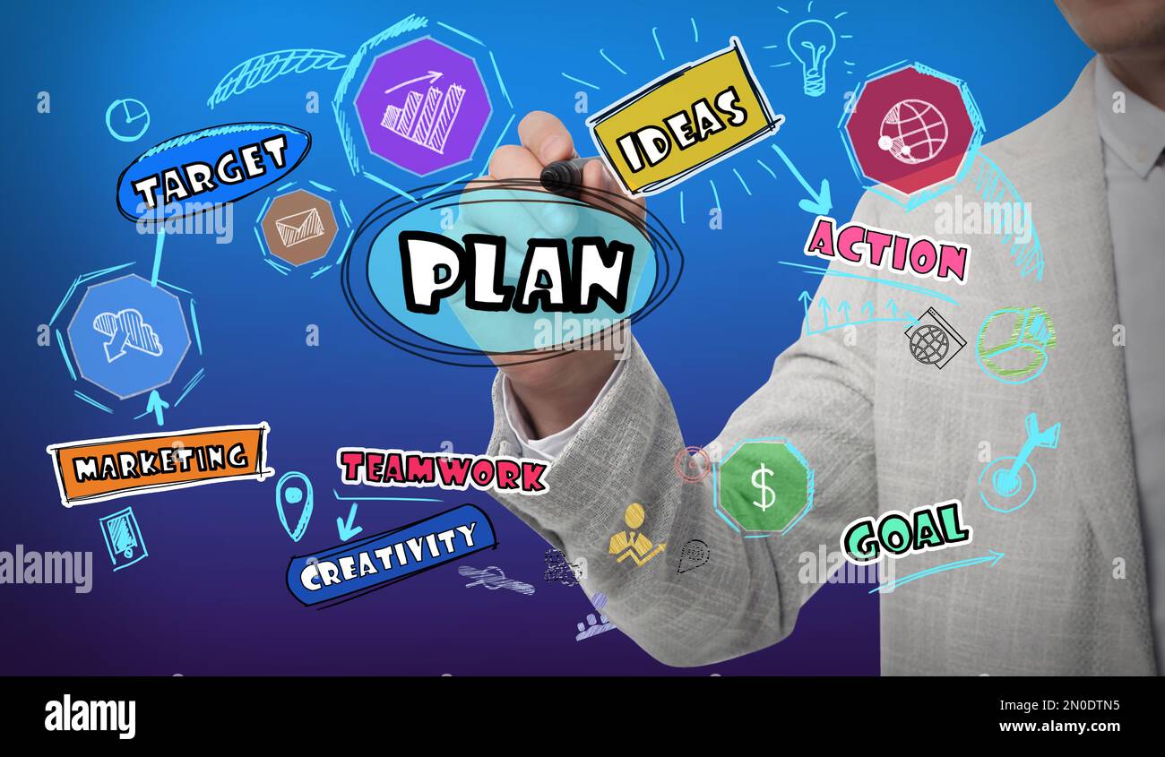 Business plan. Man pointing at virtual screen with different icons ...