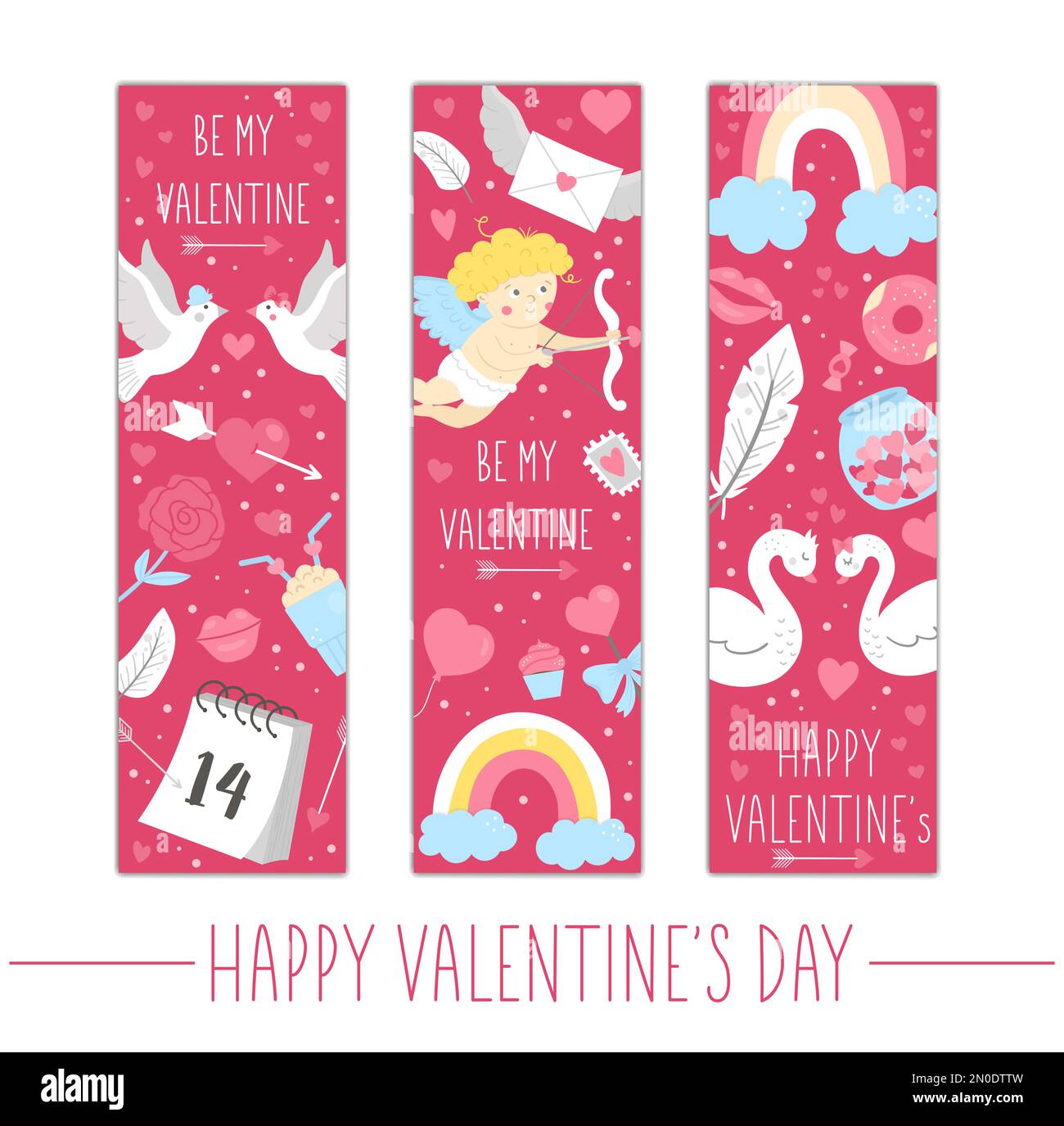 Set of Valentine’s day bookmarks or greeting card templates. Vertical ...
