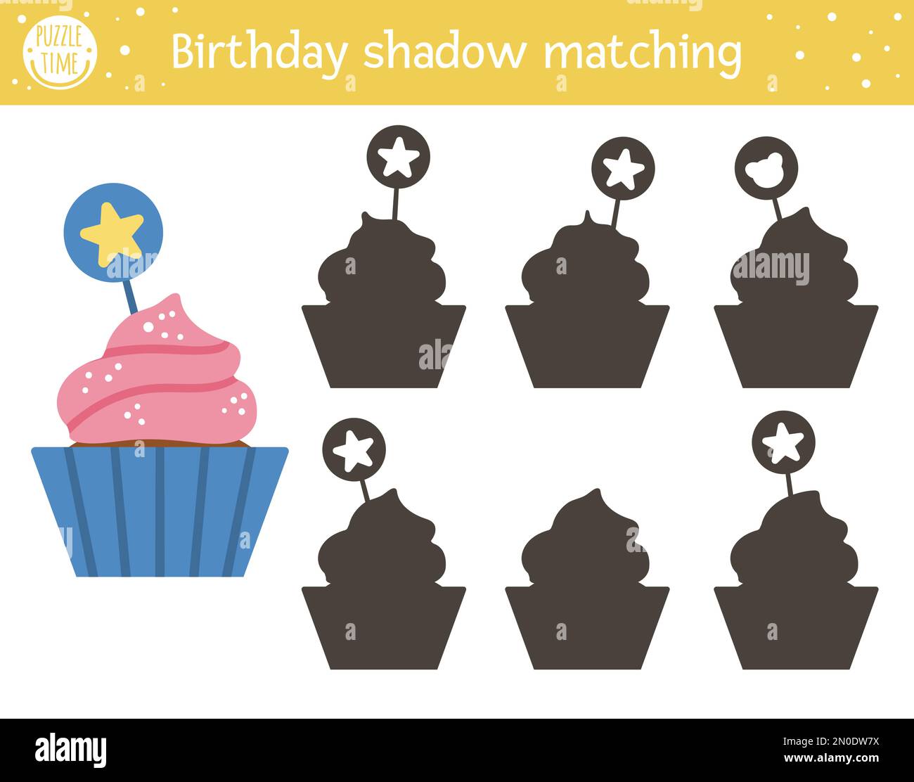 Birthday shadow matching activity for children. Fun puzzle with cute ...