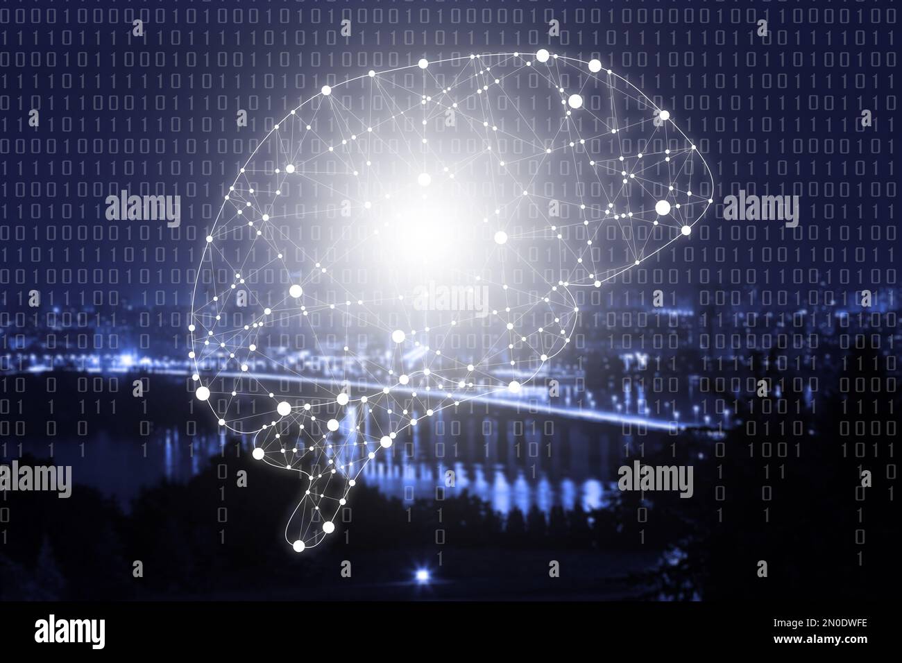 Illustration of brain and night cityscape on background. Machine ...