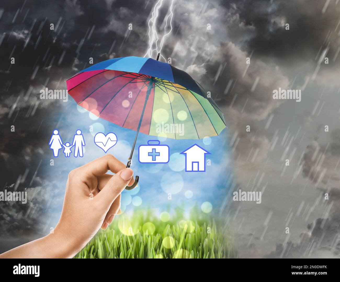 Insurance agent protecting illustrations with rainbow umbrella from ...