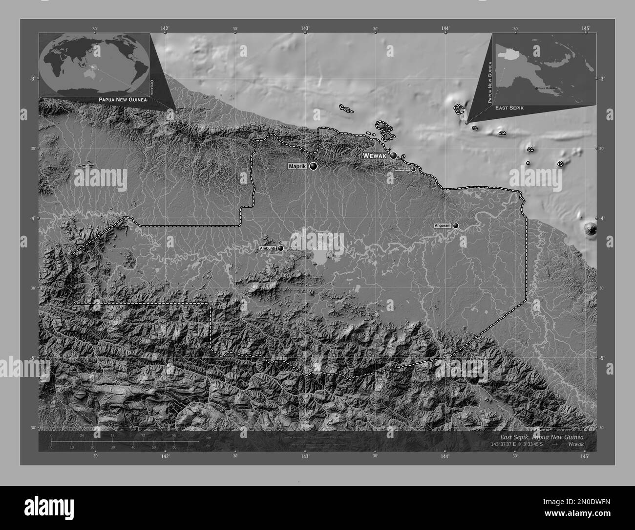 East Sepik, province of Papua New Guinea. Bilevel elevation map with ...
