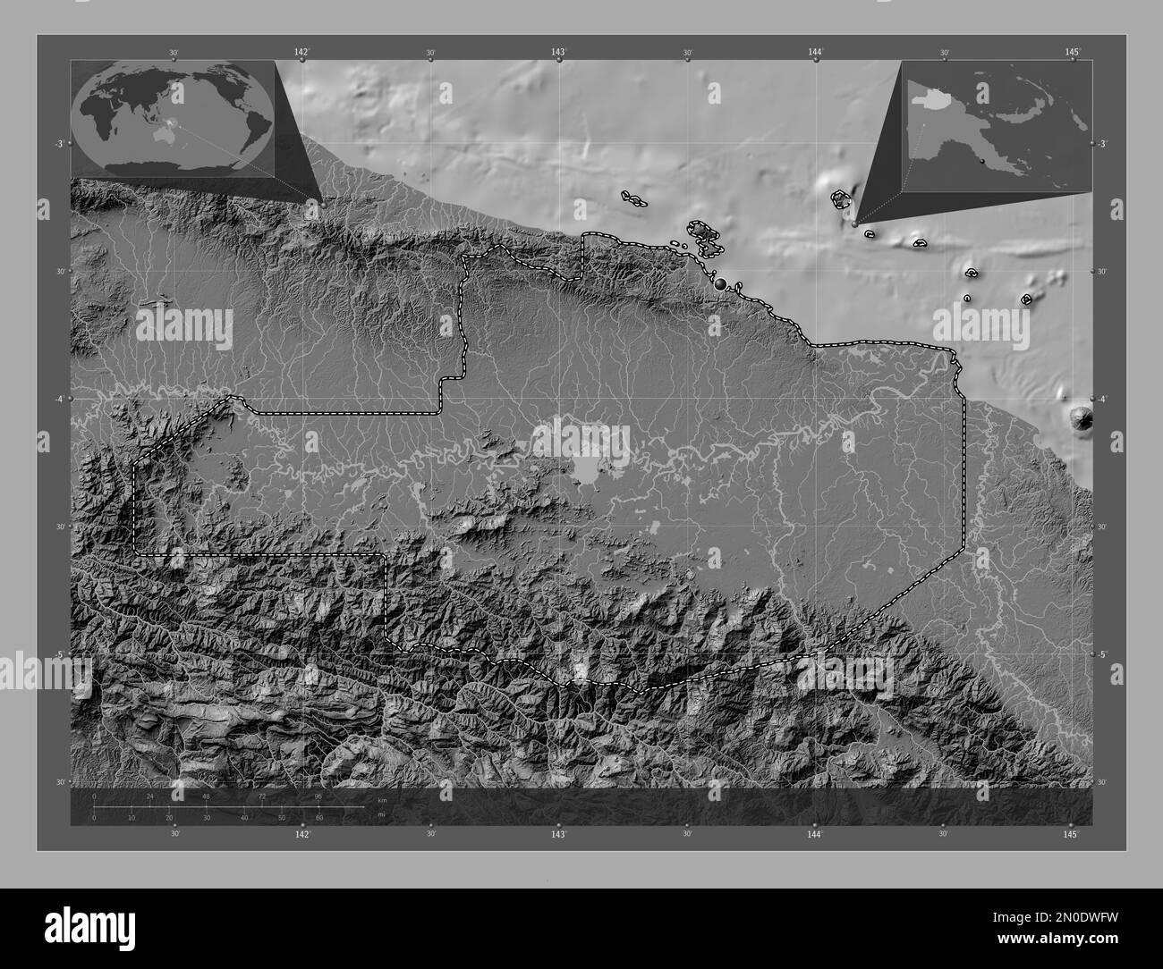 East Sepik, province of Papua New Guinea. Bilevel elevation map with ...