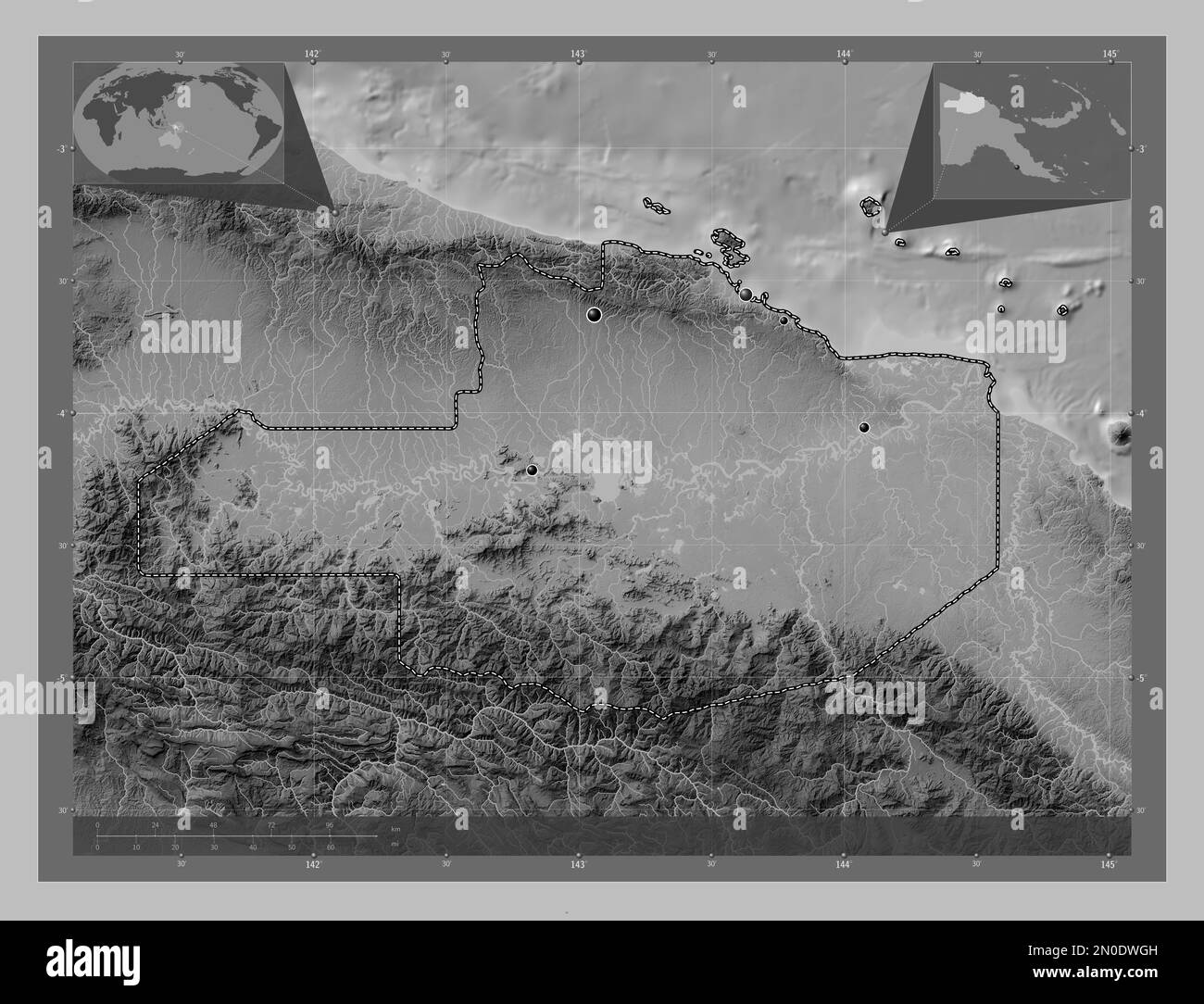 East Sepik, province of Papua New Guinea. Grayscale elevation map with lakes and rivers ...