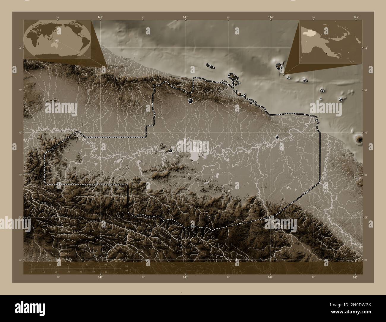 East Sepik, province of Papua New Guinea. Elevation map colored in ...