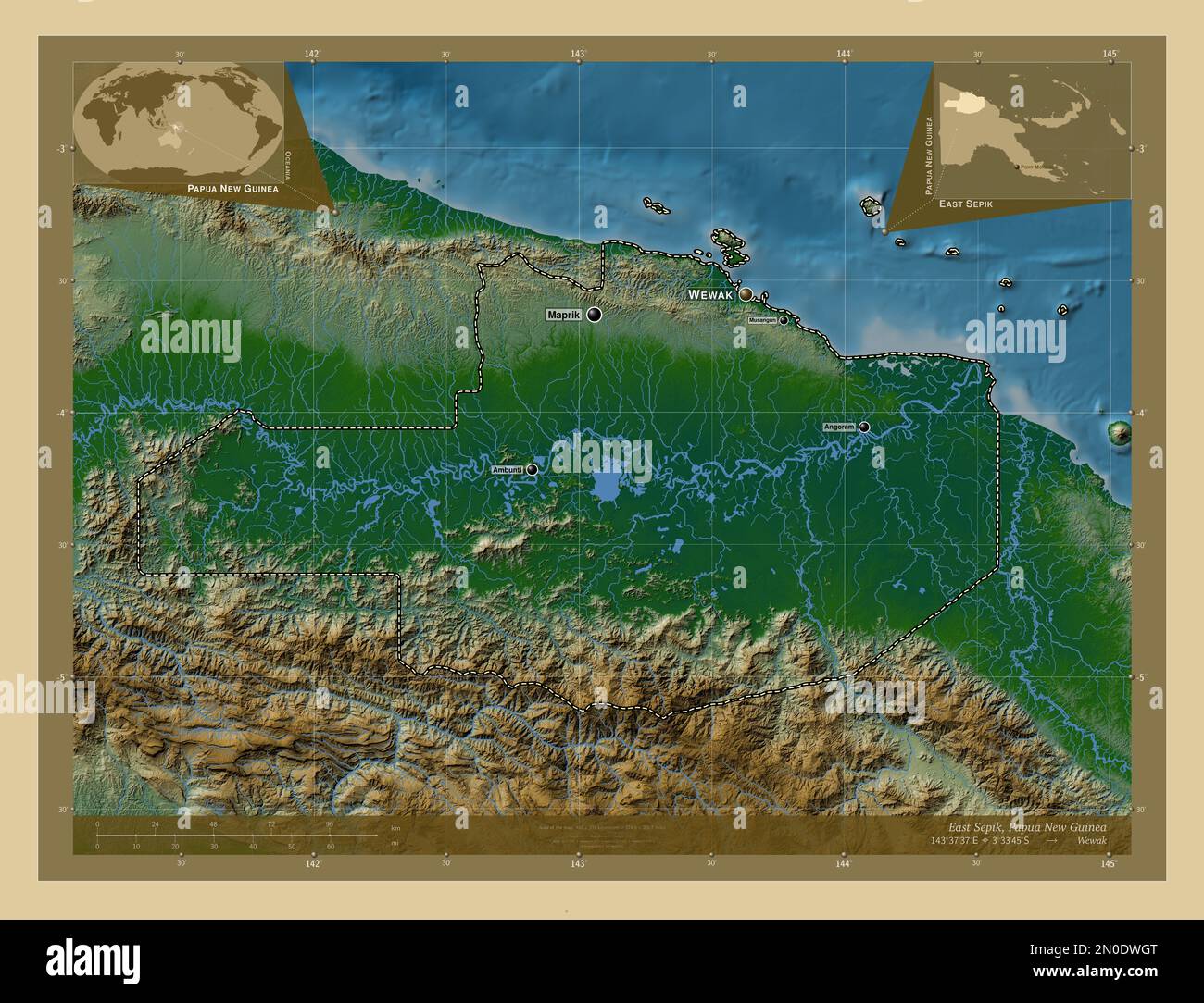 East Sepik, province of Papua New Guinea. Colored elevation map with ...