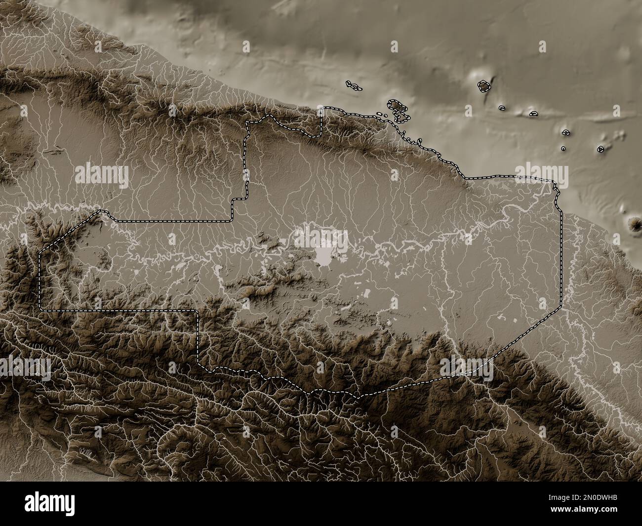 East Sepik, province of Papua New Guinea. Elevation map colored in ...