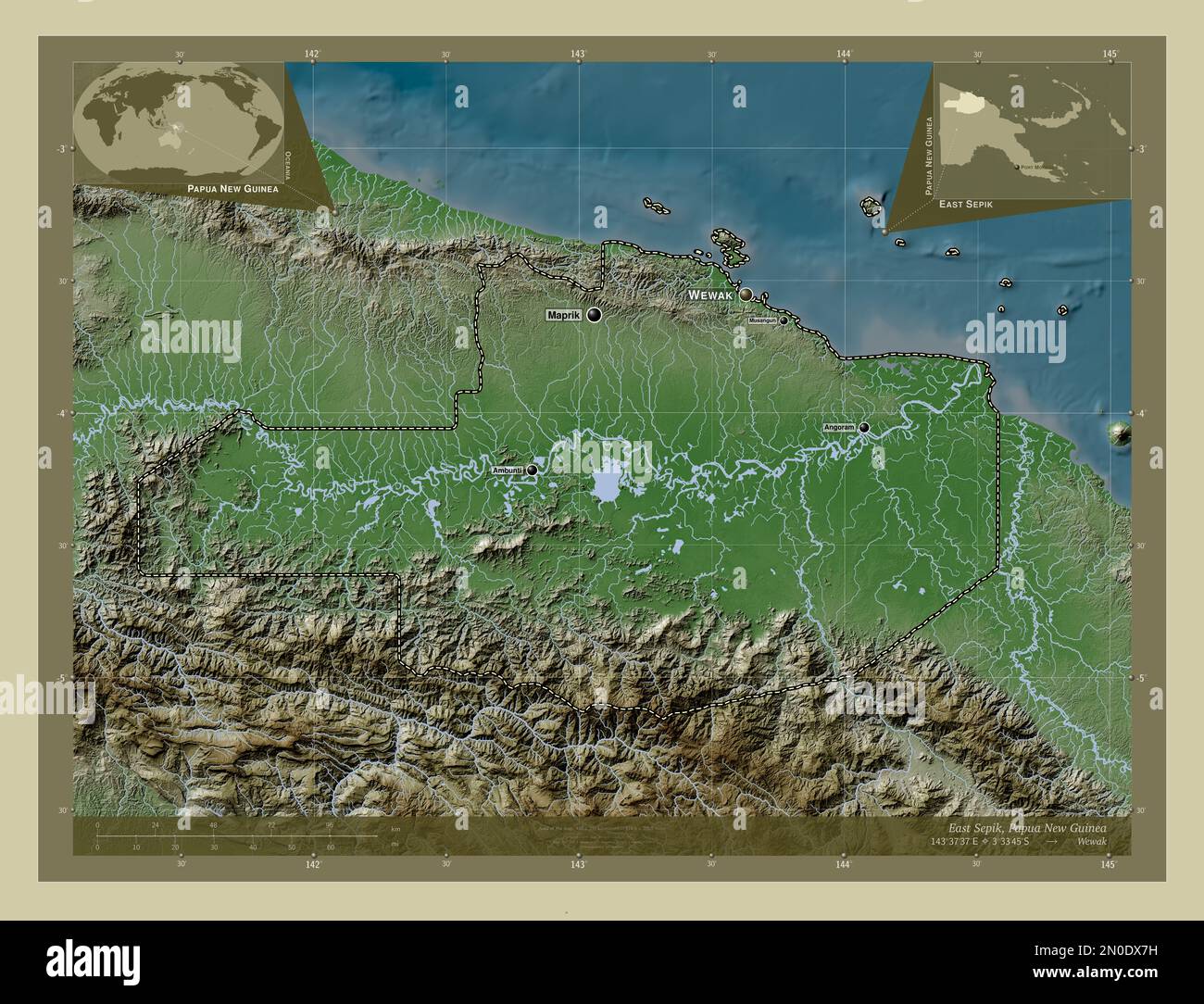 East Sepik, province of Papua New Guinea. Elevation map colored in wiki ...