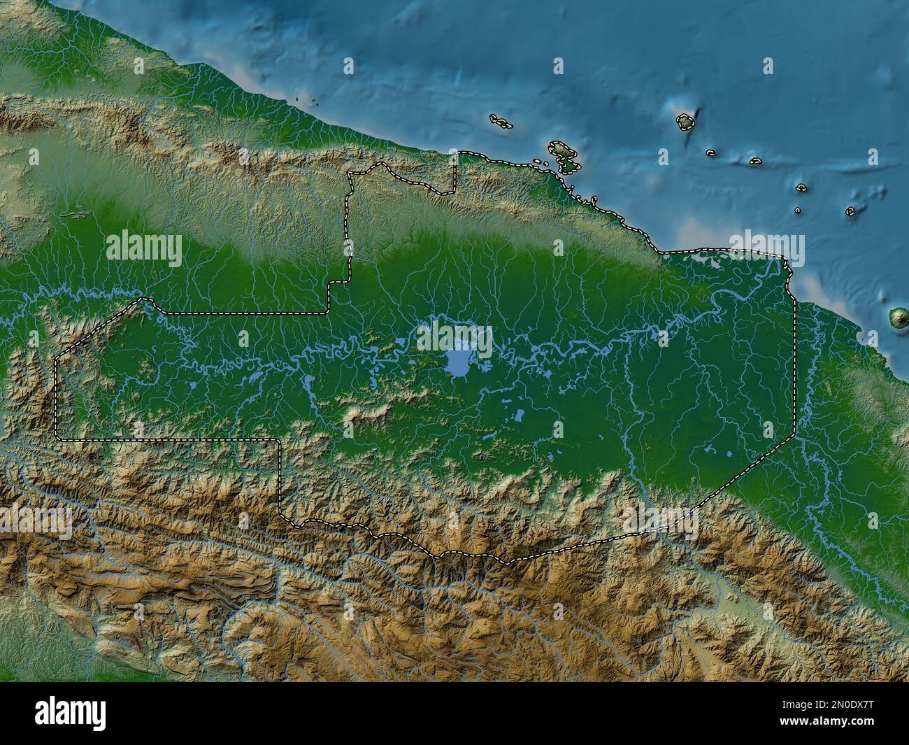 East Sepik, province of Papua New Guinea. Colored elevation map with lakes and rivers Stock ...