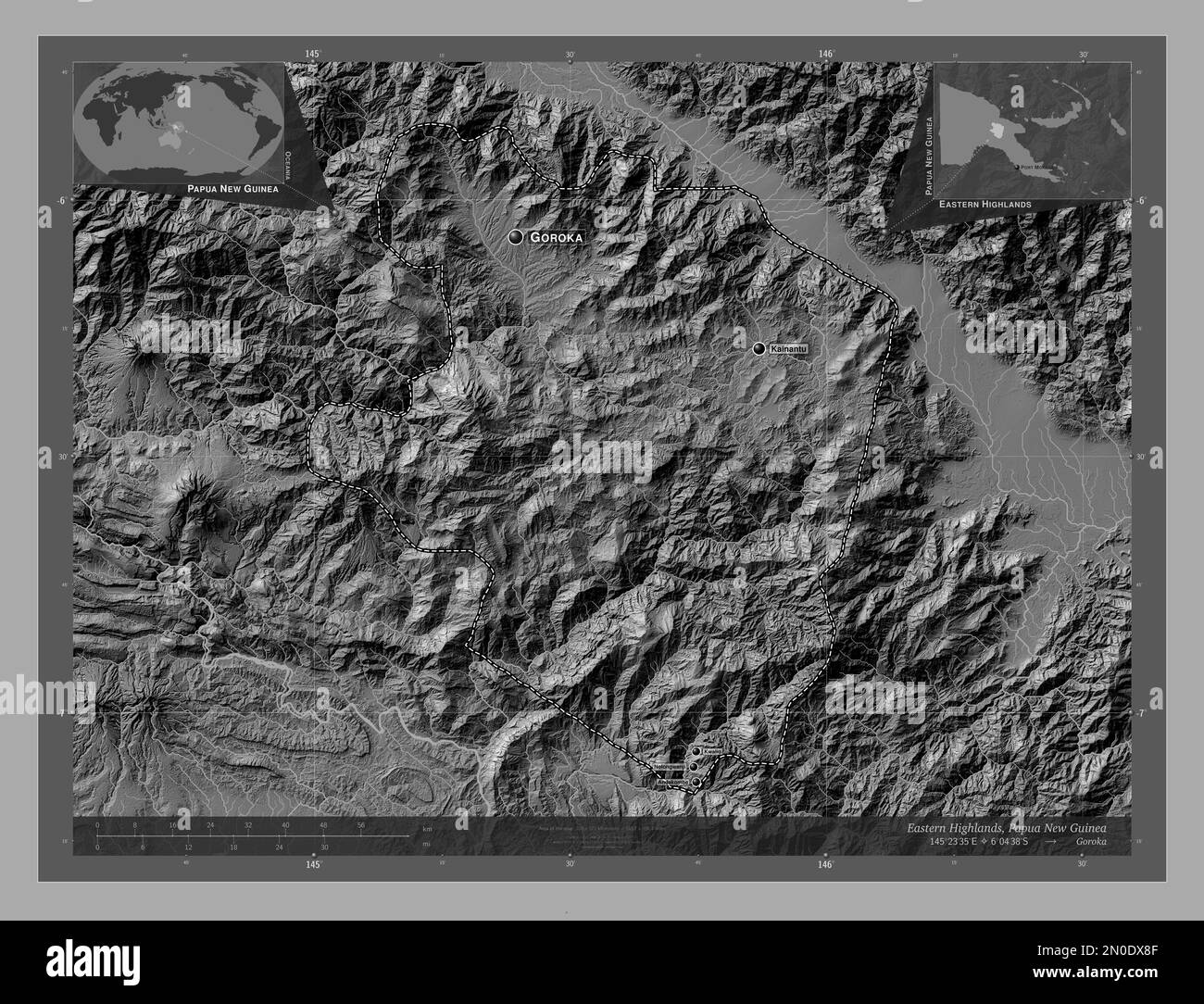 Eastern Highlands, province of Papua New Guinea. Bilevel elevation map ...