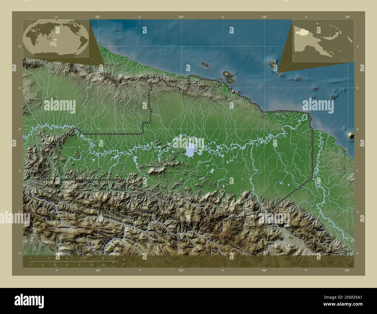 East Sepik, province of Papua New Guinea. Elevation map colored in wiki style with lakes and ...