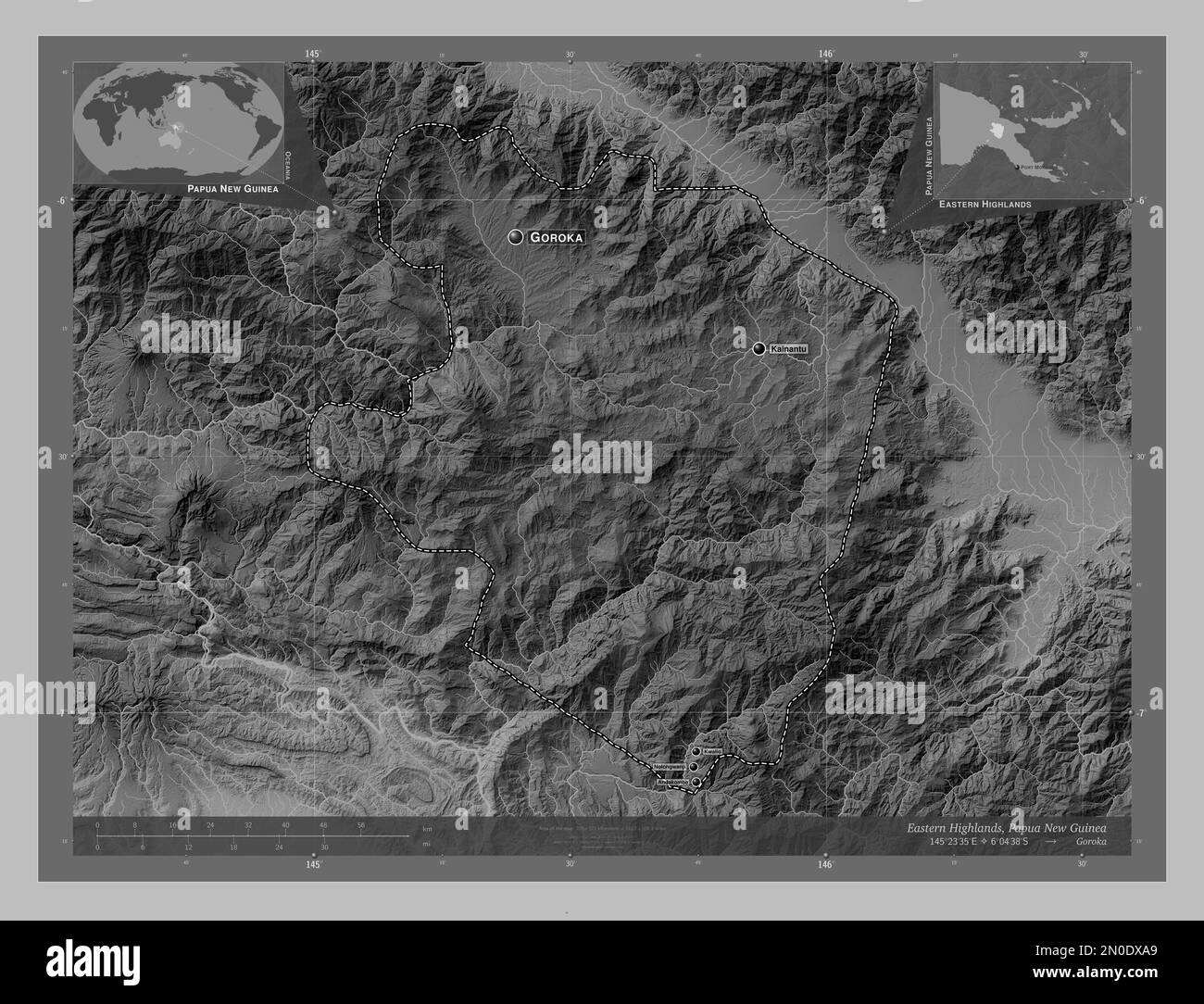 Eastern Highlands, province of Papua New Guinea. Grayscale elevation ...