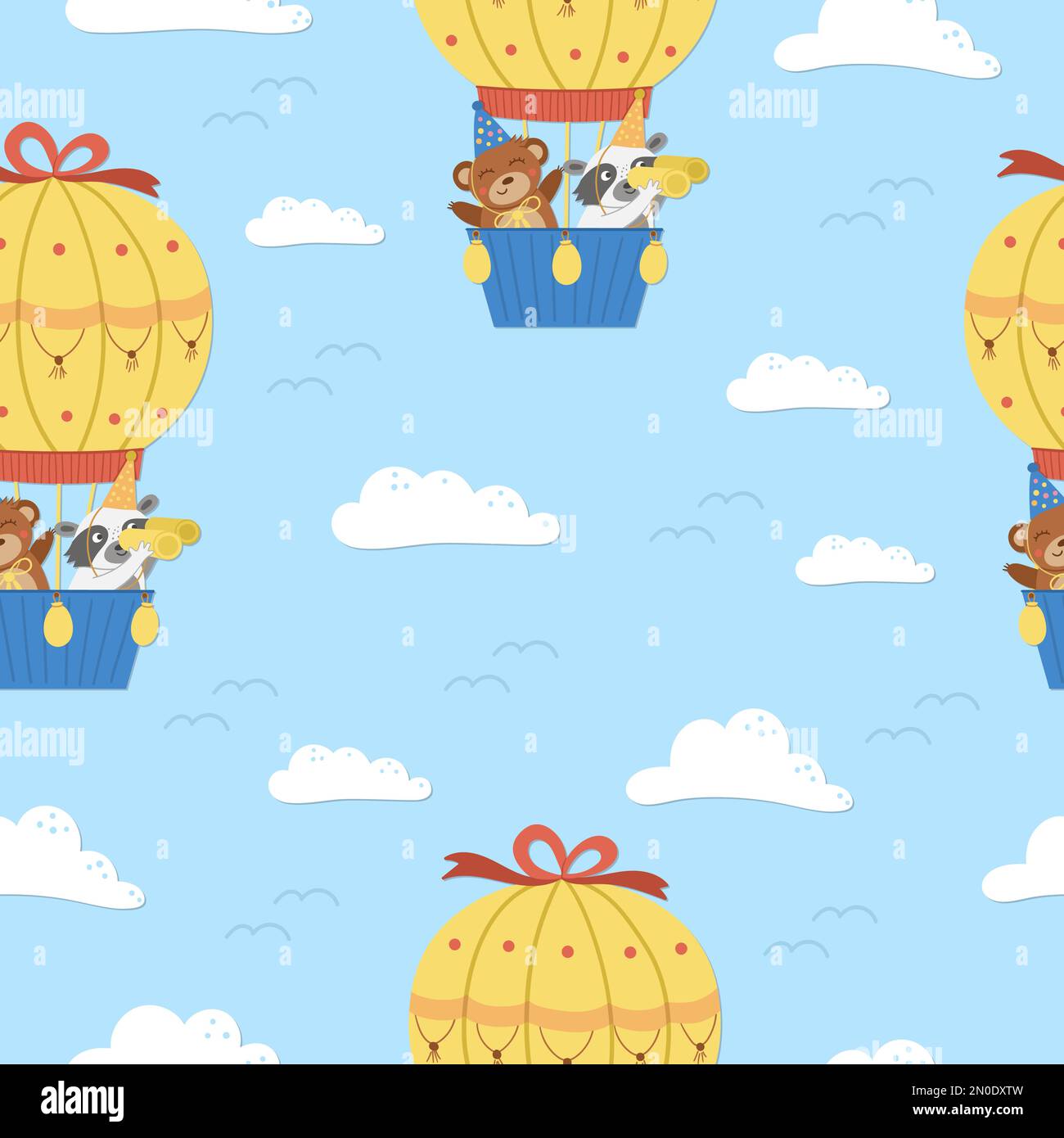 Vector seamless pattern with cute animals in hot air balloon and clouds ...