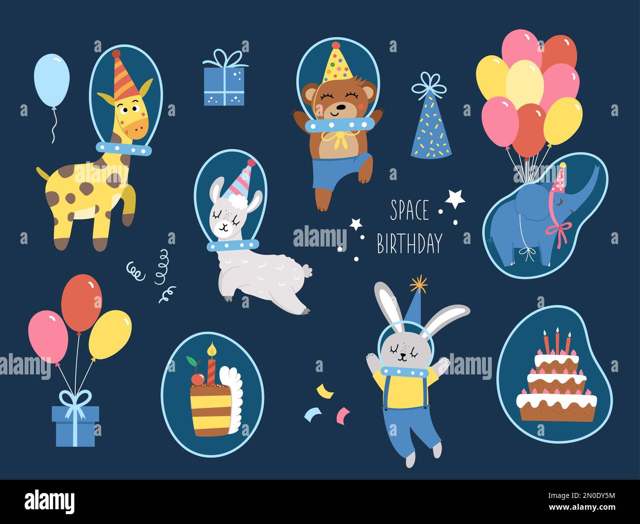 Vector set of cute animals in party hats and spacesuits. Space birthday ...