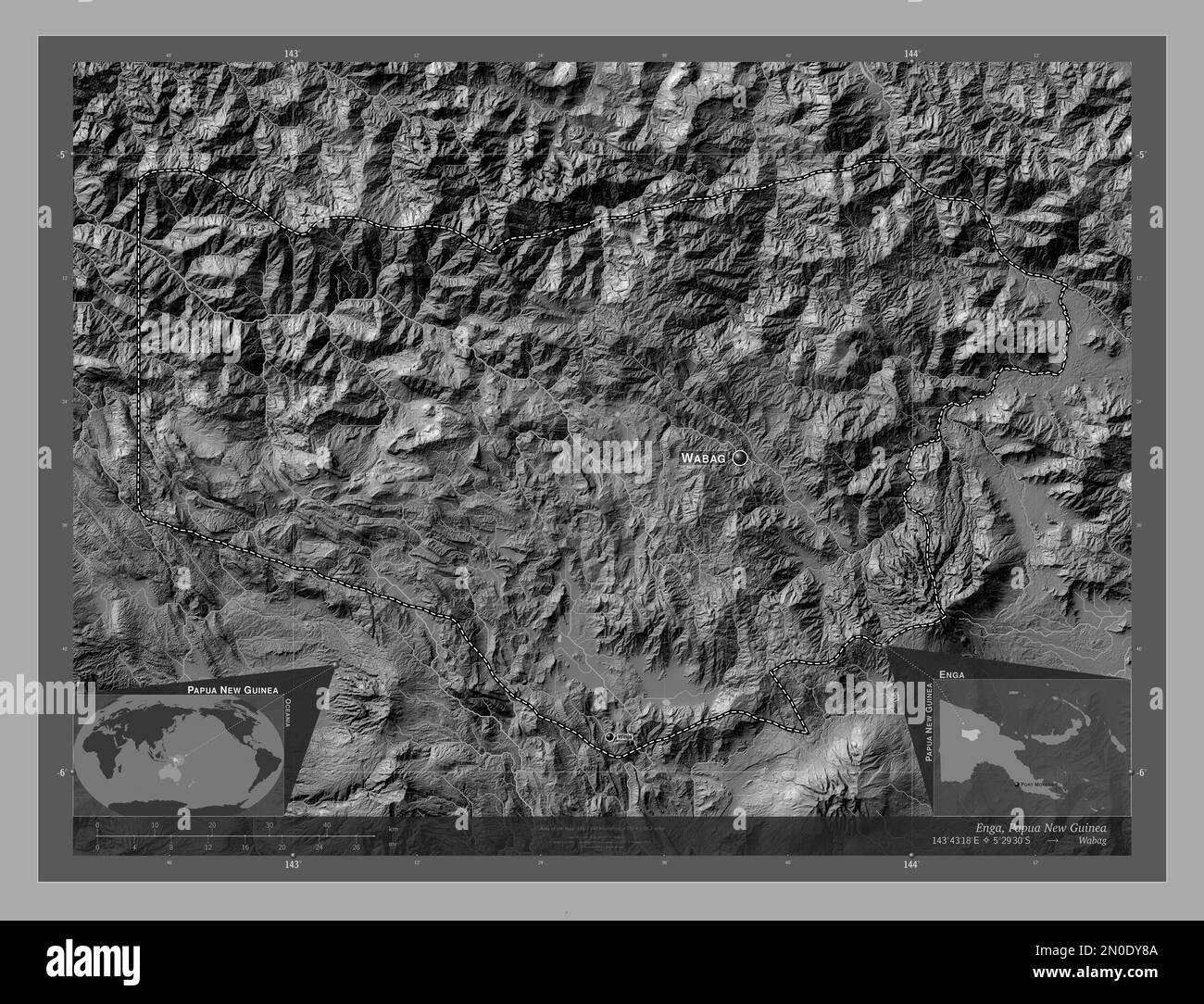 Enga, province of Papua New Guinea. Bilevel elevation map with lakes ...