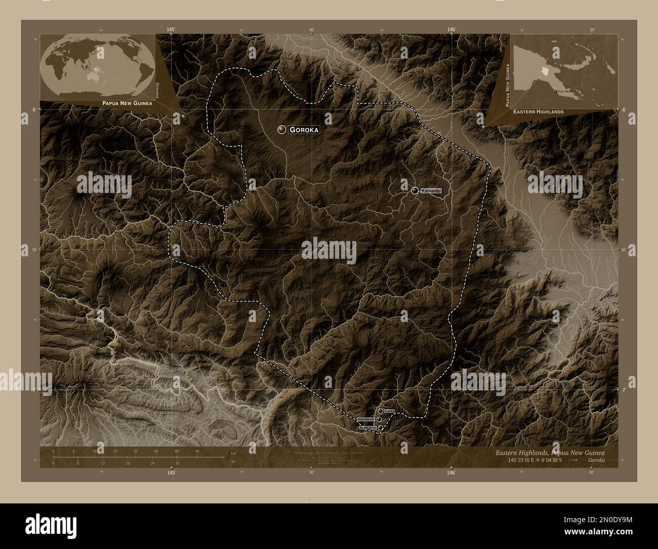 Eastern Highlands, province of Papua New Guinea. Elevation map colored ...