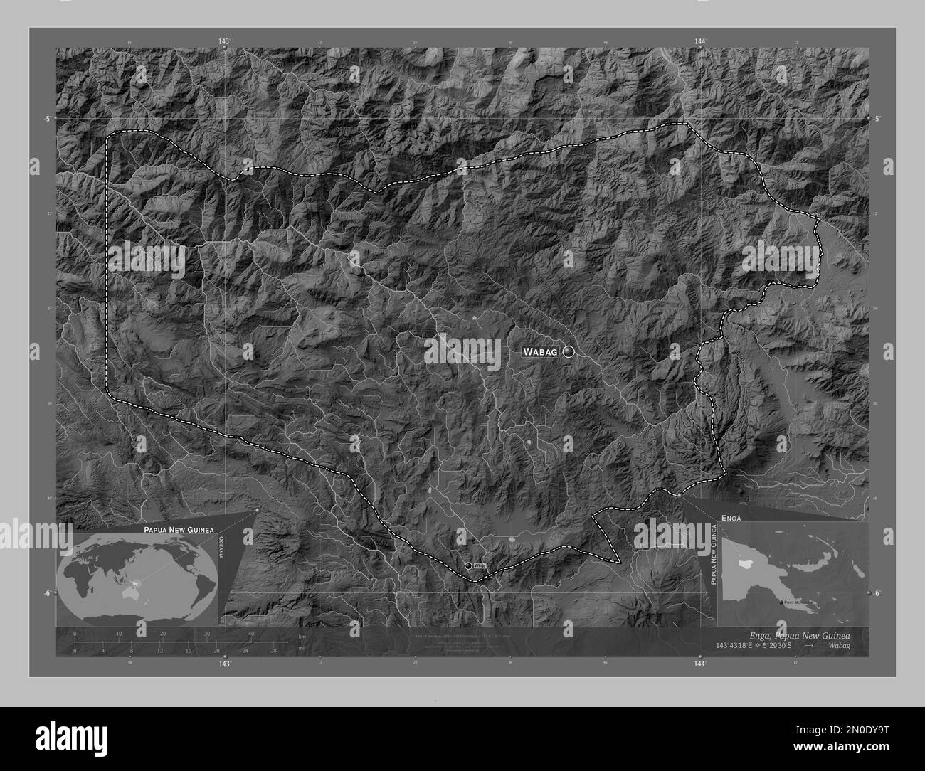 Enga, province of Papua New Guinea. Grayscale elevation map with lakes ...