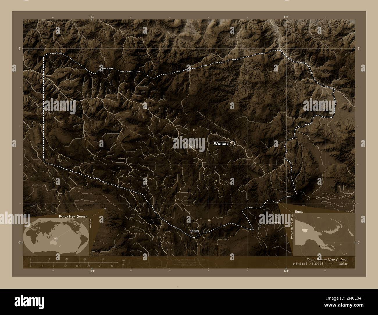 Enga, province of Papua New Guinea. Elevation map colored in sepia ...