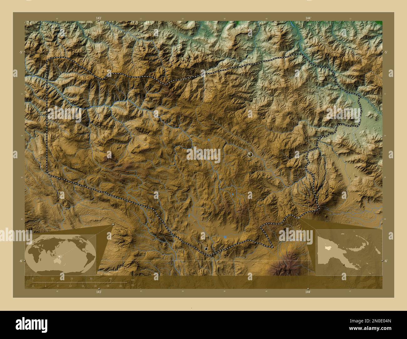 Enga, province of Papua New Guinea. Colored elevation map with lakes ...