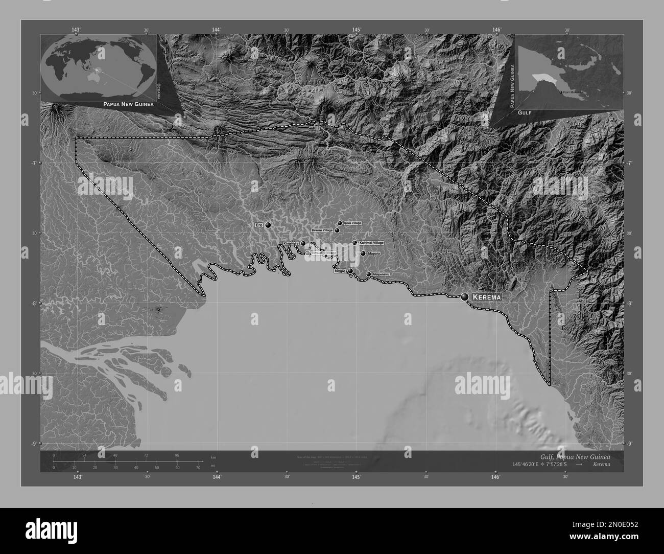 Gulf, province of Papua New Guinea. Bilevel elevation map with lakes ...