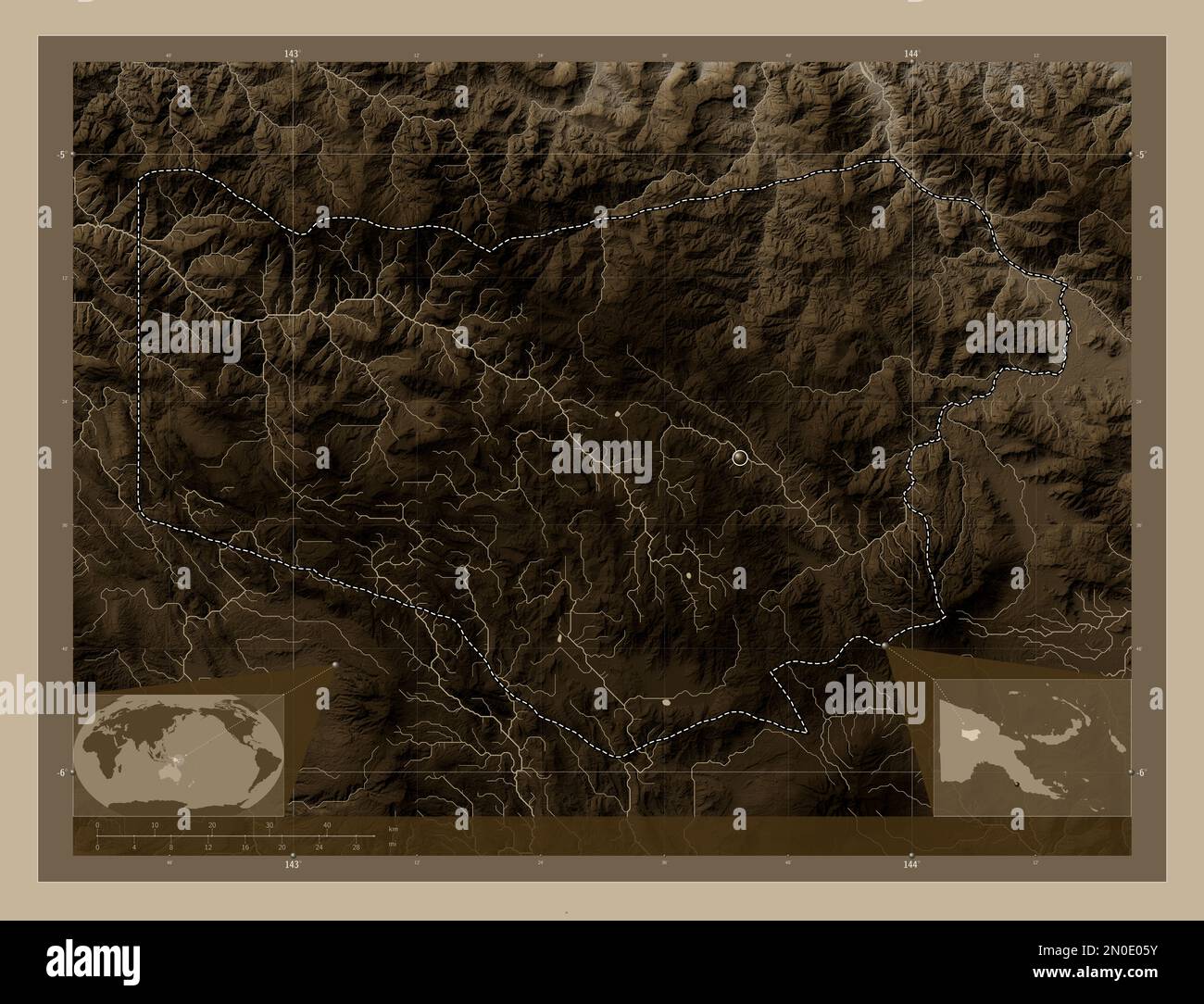 Enga, province of Papua New Guinea. Elevation map colored in sepia ...