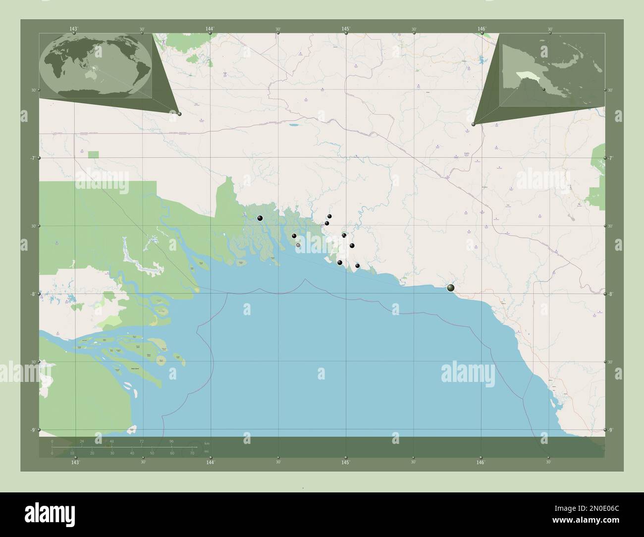 Gulf, province of Papua New Guinea. Open Street Map. Locations of major ...