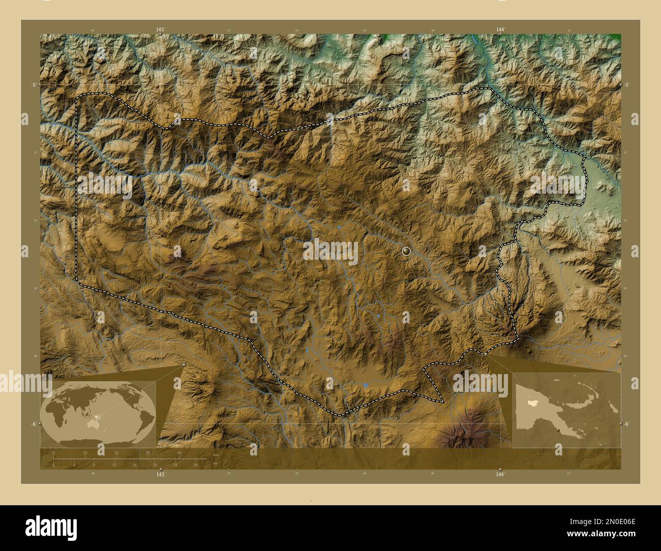 Enga, province of Papua New Guinea. Colored elevation map with lakes ...