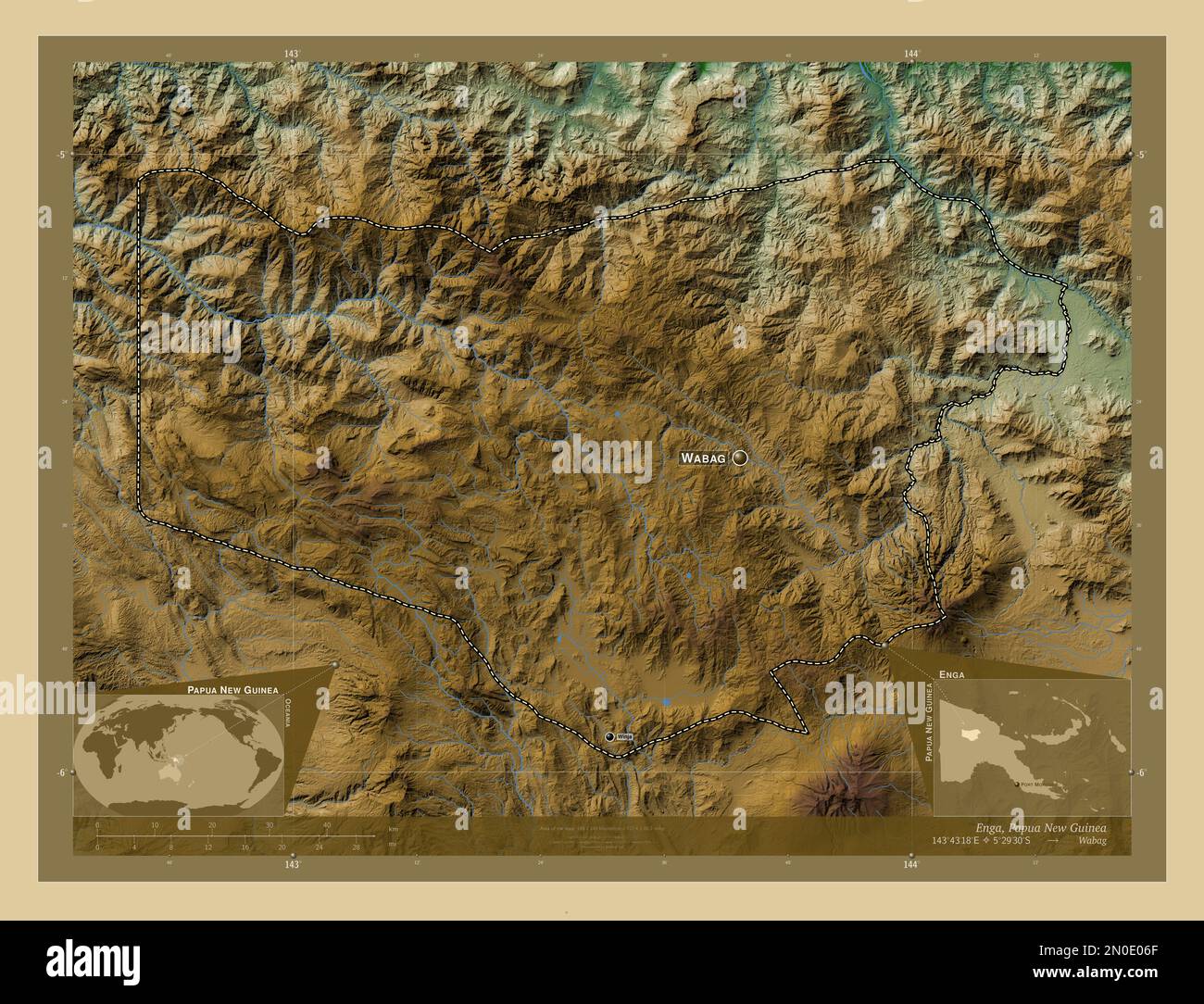 Enga, province of Papua New Guinea. Colored elevation map with lakes ...