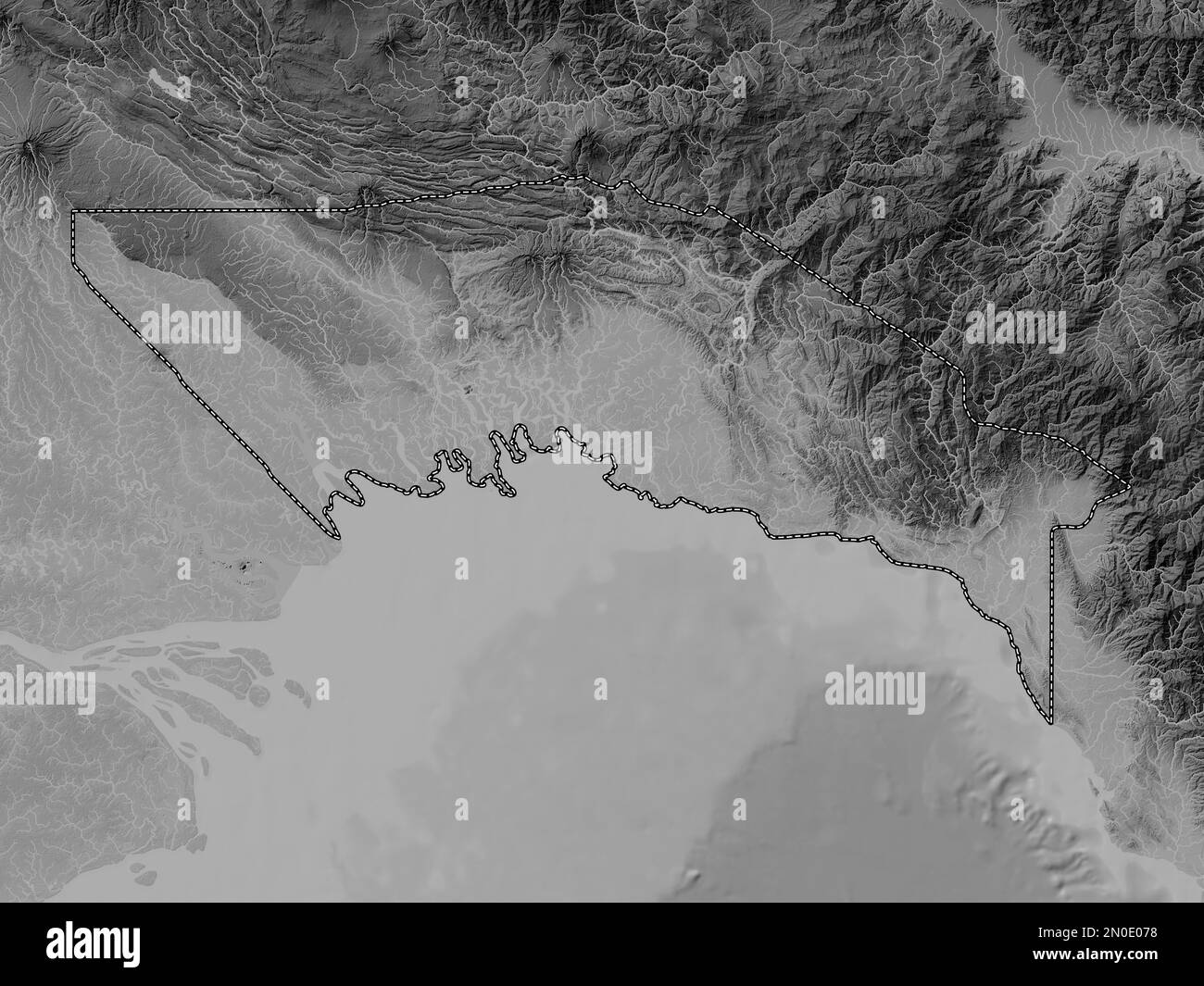 Gulf, province of Papua New Guinea. Grayscale elevation map with lakes ...
