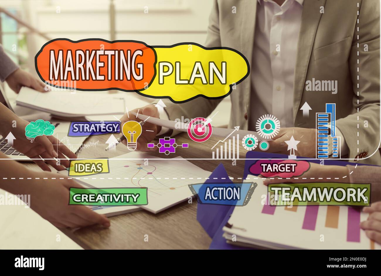 Marketing plan. Virtual screen with different icons and closeup view of ...