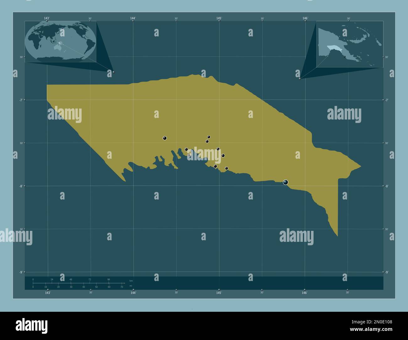 Gulf, province of Papua New Guinea. Solid color shape. Locations of ...