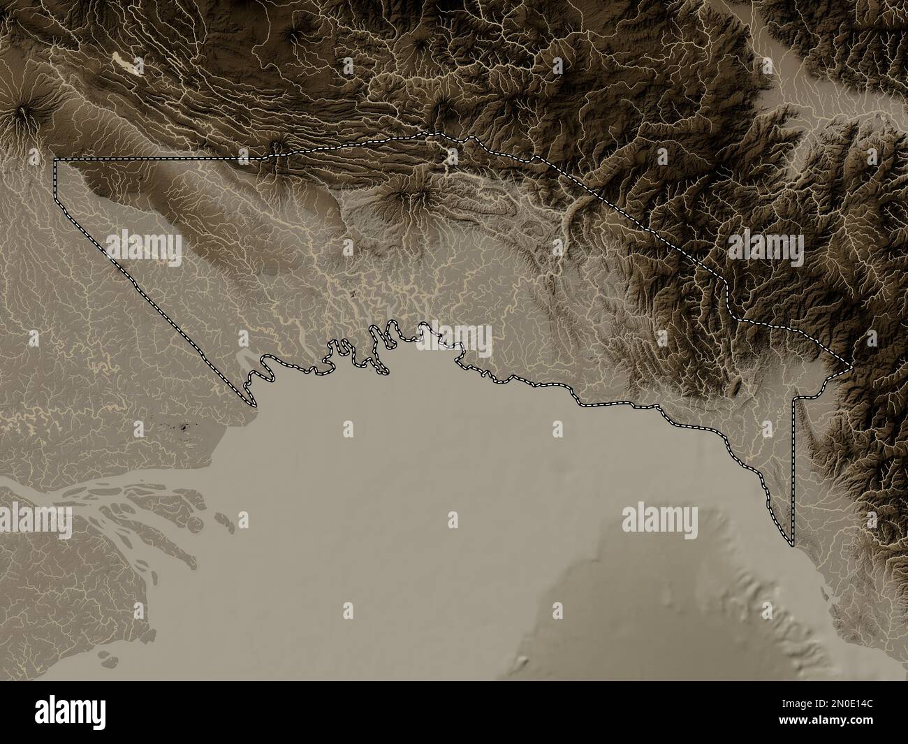 Gulf, province of Papua New Guinea. Elevation map colored in sepia ...