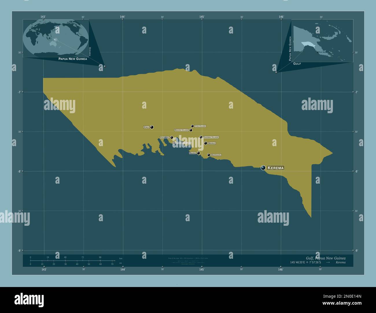 Gulf, province of Papua New Guinea. Solid color shape. Locations and ...