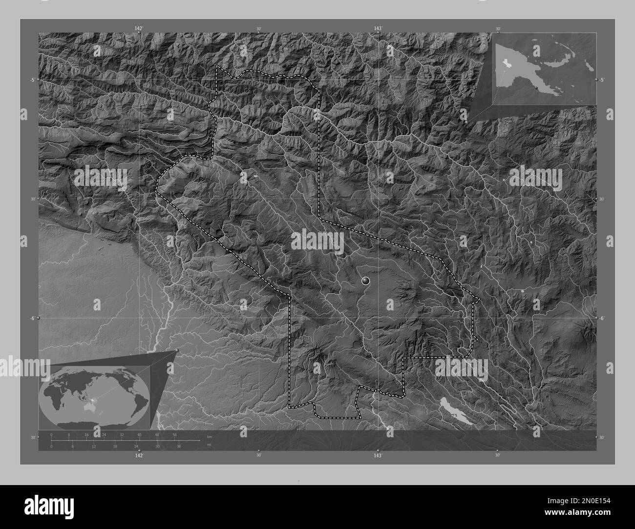 Hela, province of Papua New Guinea. Grayscale elevation map with lakes ...