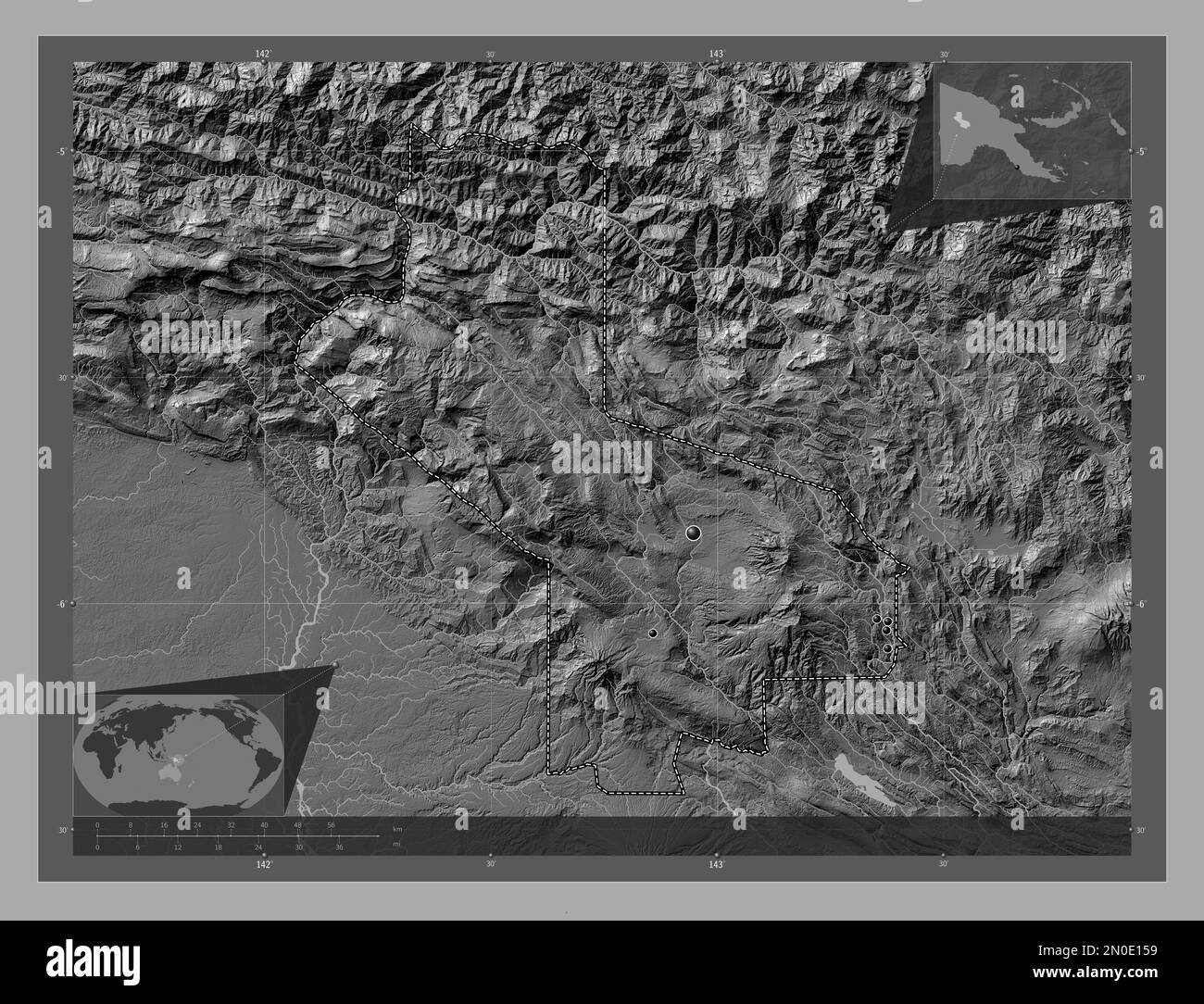 Hela, province of Papua New Guinea. Bilevel elevation map with lakes ...