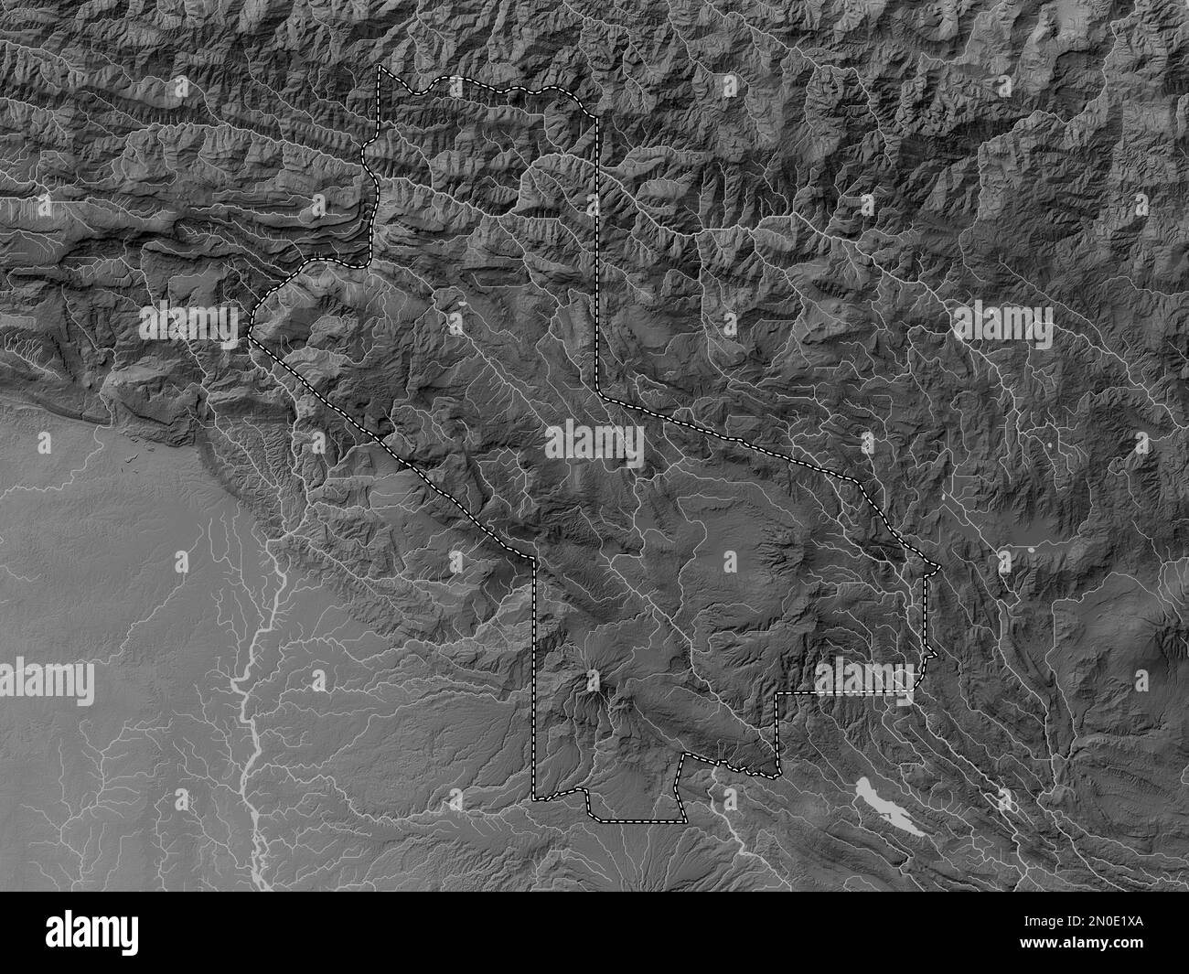 Hela, province of Papua New Guinea. Grayscale elevation map with lakes ...